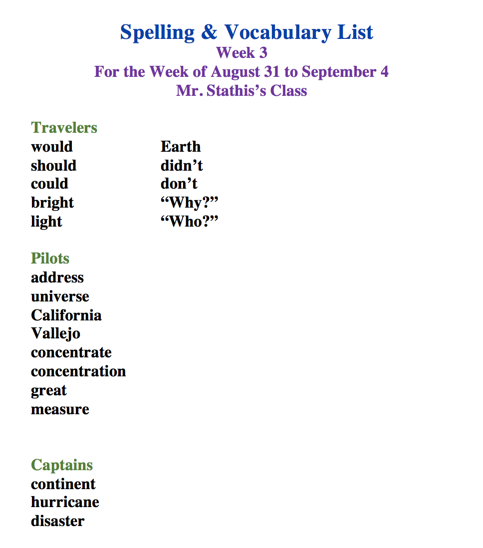 Previous Weeks' Vocabulary/Spelling Lists