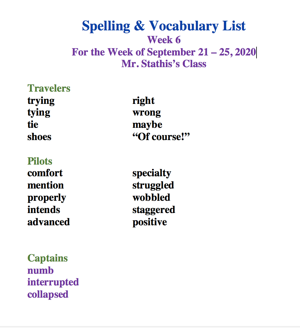 Previous Weeks' Vocabulary/Spelling Lists