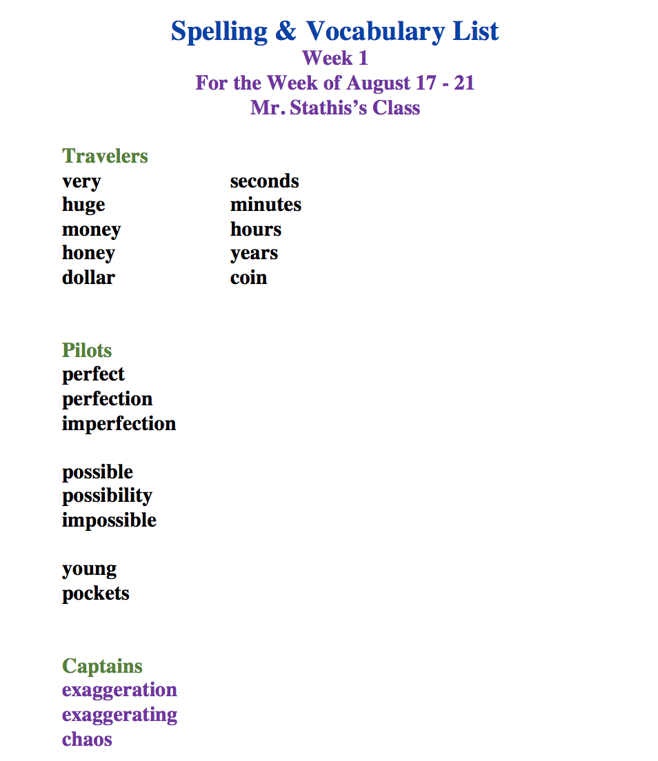 Previous Weeks' Vocabulary/Spelling Lists