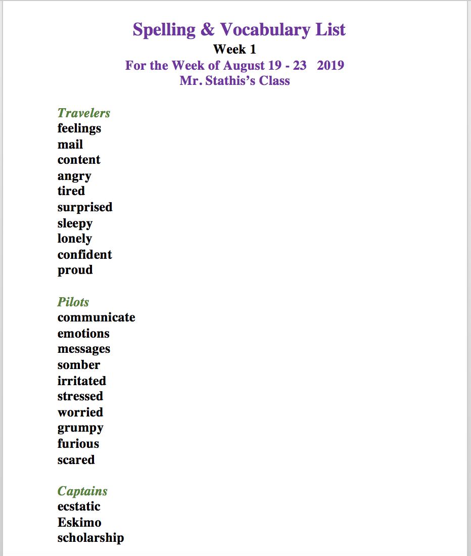 Previous Weeks' Vocabulary/Spelling Lists
