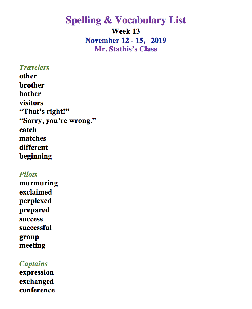 Previous Weeks' Vocabulary/Spelling Lists