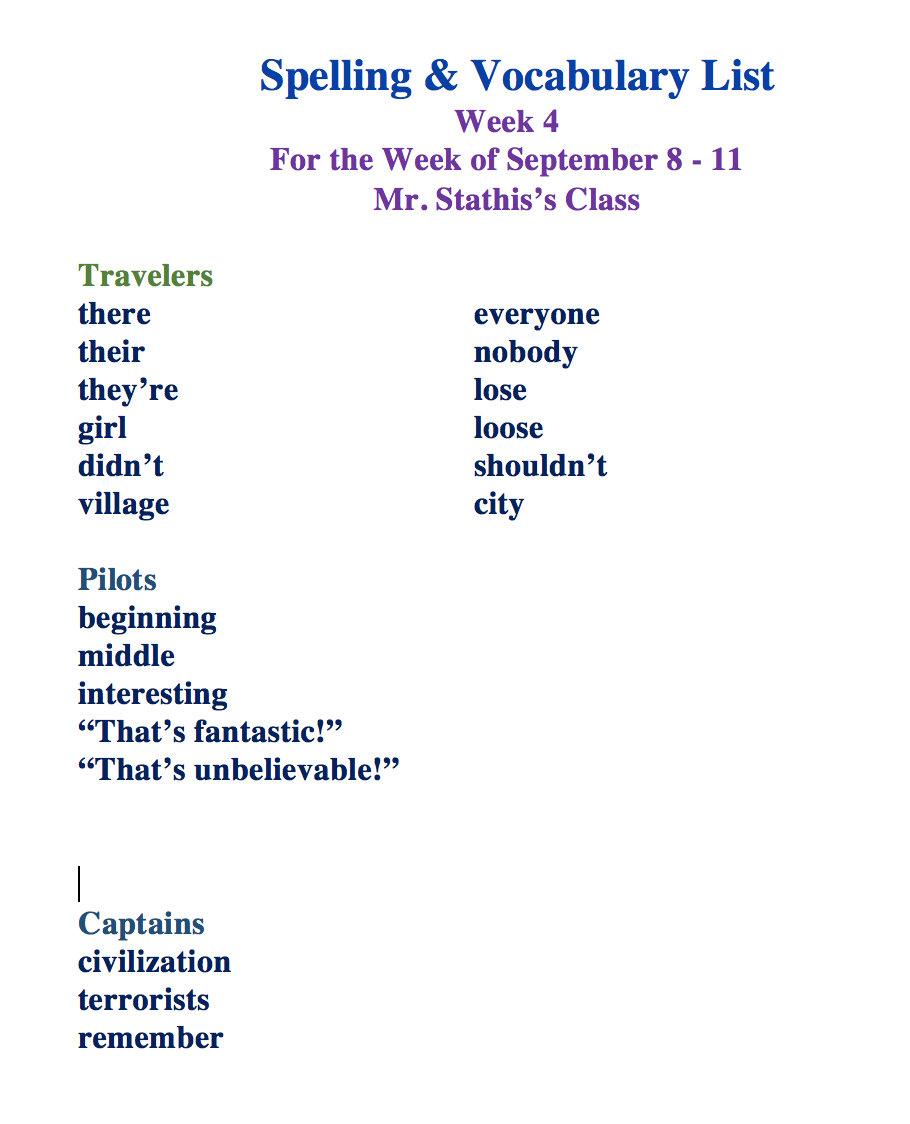 Previous Weeks' Vocabulary/Spelling Lists