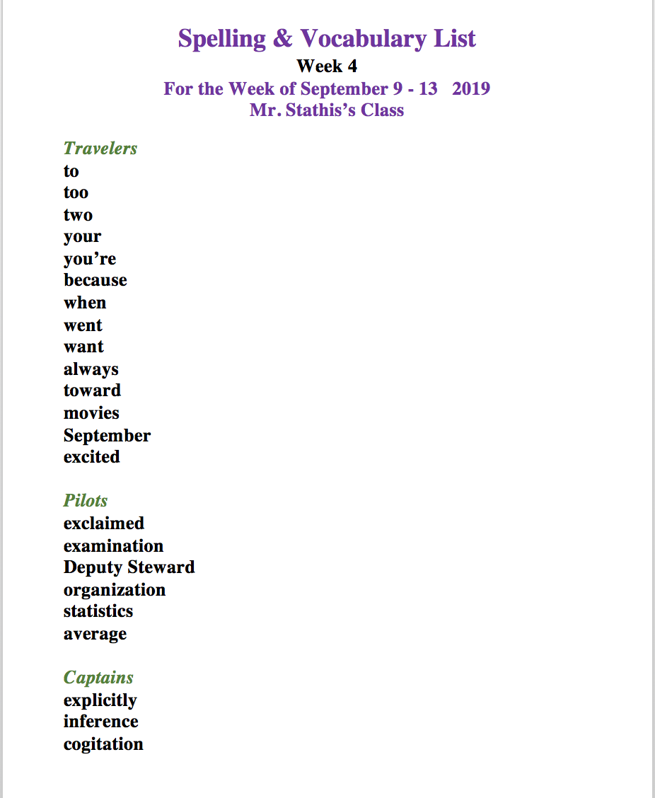 Previous Weeks' Vocabulary/Spelling Lists