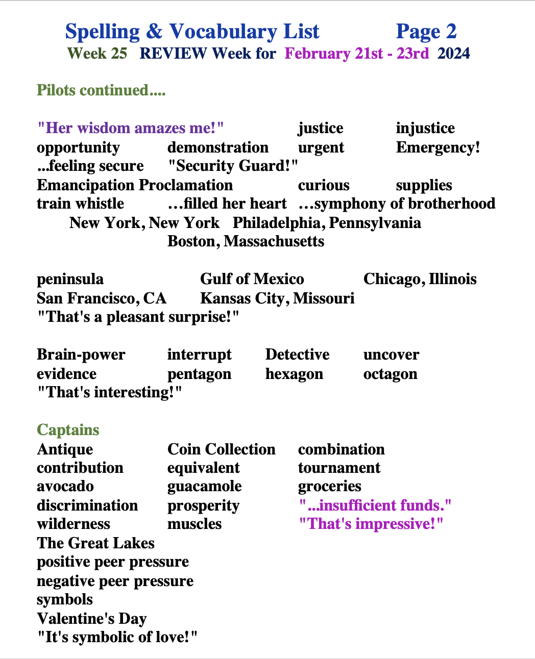 Previous Weeks' Vocabulary/Spelling Lists