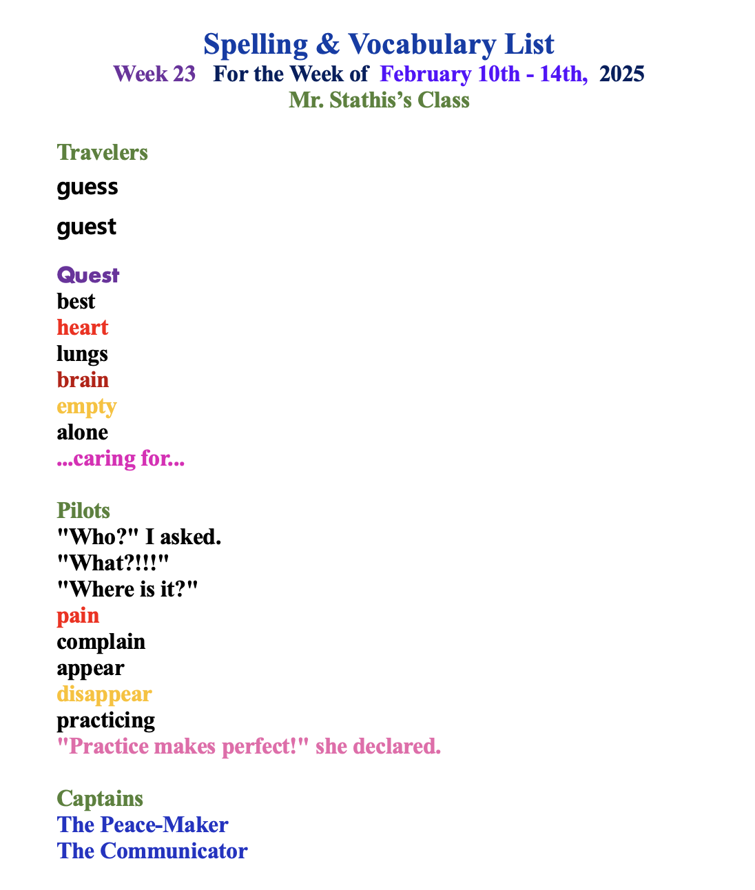 Current Vocabulary/Spelling Lists